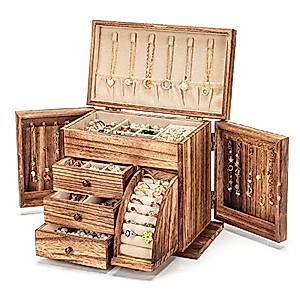 Poyilooo Jewelry Box Organizer, Solid Wood Jewelry Boxes for Women for Storage & Display Necklace Ring Earring Bracelet, Rustic Style Jewelry Organizer Box for Women Gifts (Carbonized Brown)
