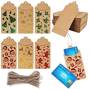 LOKIPA 54PCS Christmas Card Gift Holder Tags, Gold Foil Christmas Gift Tags with String Twine Holiday Gift Card Holders Hanging Christmas Tags for DIY Christmas Gift Wrapping Present Decoration