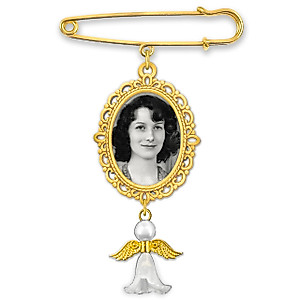 Gold Memorial Wedding Bouquet Photo Charm Pin with Angel Charm for Bride's Flowers on Wedding Day