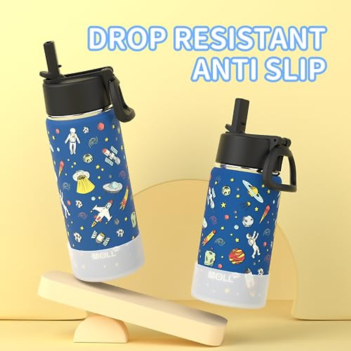 Mollcity 12 oz Stainless Steel Vacuum Insulated Wide Mouth Sports Water Bottle with Straw - Metal Water Flask for Kids for School, BPA-Free-Astronaut