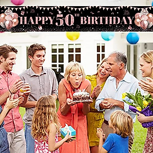 Large Happy 50th Birthday Banner Black and Rose Gold Yard Sign Birthday Banner for Women Girl 50 Years Old Birthday Photo Backgroud Party Indoor Outdoor Decoration Supplies 118 × 19.6 Inch