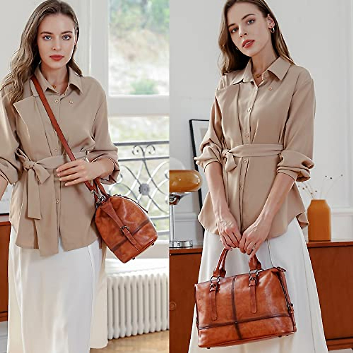 HESHE Women’s Vintage Leather Purses and Handbags Shoulder Bag Tote Top Handle Bags Designer Cross Body Satchel (Brown)