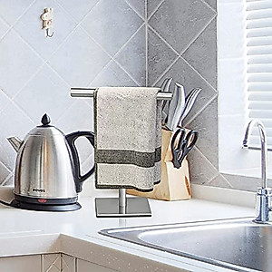 Hand Towel Holder, Stainless Steel Hand Towel Stand T-Shaped Silver Brushed Finish Freestanding Rack for Bathroom Kitchen Countertop with Square Base