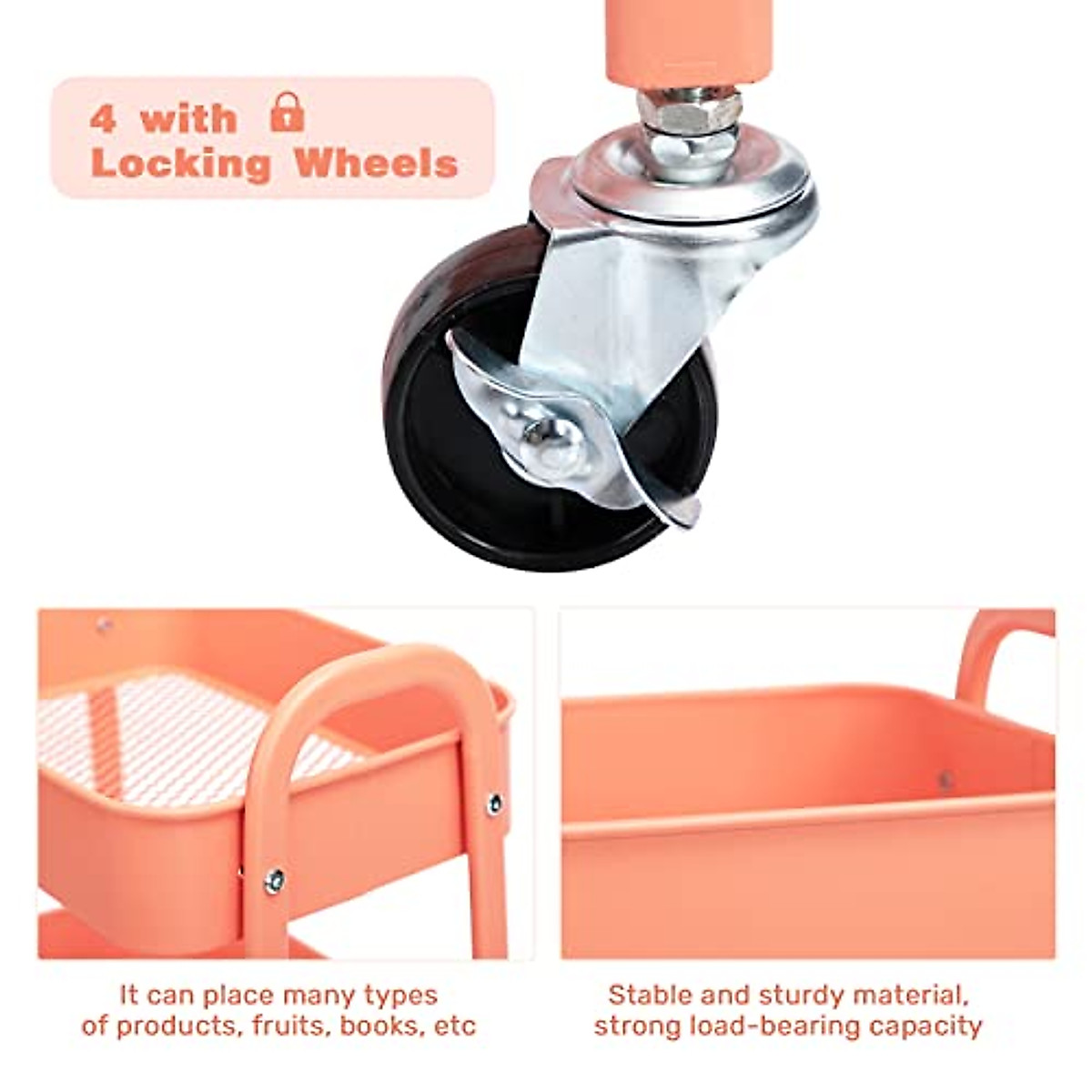 AGTEK Makeup Cart, Movable Rolling Organizer Cart, 3 Tier Metal Utility Cart with Lockable Wheels for Home & Office, Pink Orange