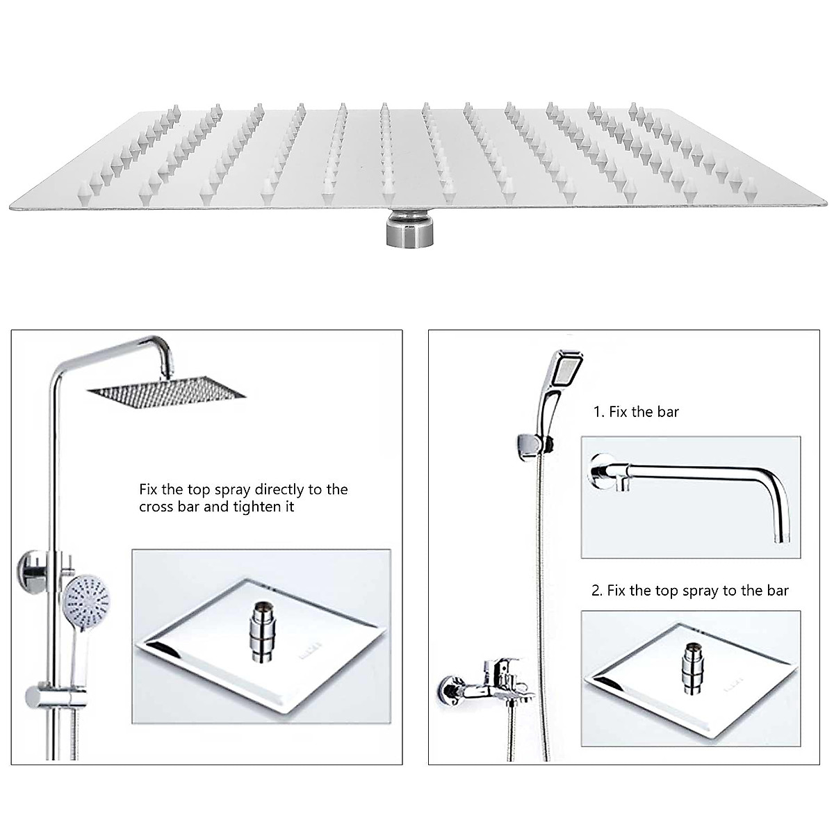 12in G1/2 Thread Rain Shower Head, Adjustable Square Shaped Polished Stainless Steel Head Shower Ultra Thin Anti Clogging for Your Bathroom Showerhead
