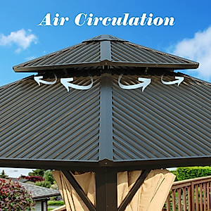 Aoodor 12 x 12 ft. Aluminum Frame Hardtop Roof Gazebo, Outdoor Patio 2-Tier Metal Roof Gazebo with Mosquito Netting and Curtains, Suitable for Patios, Garden and Backyard - Black