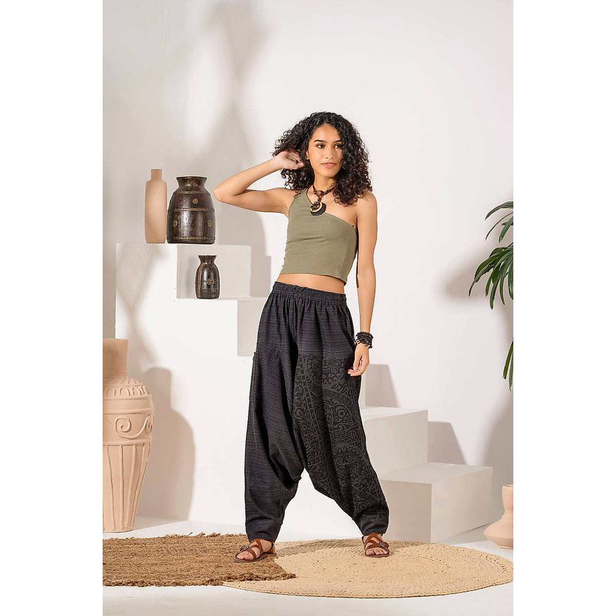 Elephant Cotton Pants for Women Gypsy Clothes for Women Pajama Harem Pants Women Bloom Pants, Black - Sacred Spirits, One Size