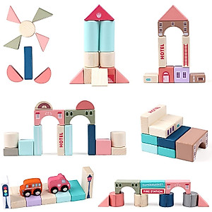 CICITOYWO Wooden Building Blocks Set Wood Kids Construction Stacker Stacking Preschool Learning Educational Preschool Toys Kit for Toddler 3+ Year Old Boy and Girl Gifts