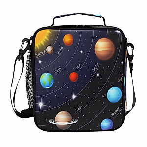 AUUXVA Kids Lunch Box, Planets Color, Unisex, 10.5x3.5x9.5 Inch, Oxford Material and Aluminum Film, Spacious, Lightweight, Adjustable Shoulder Straps, Heat Insulation