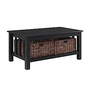 Walker Edison Coastal Black Living Room Coffee Table with Lower Shelf and Faux Rattan Wicker Baskets, 40 Inch