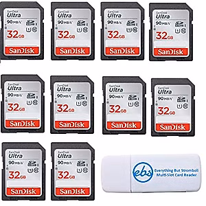 SanDisk Ultra - 10 Pack Bundle UHS-I Class 10 SD Flash Memory Card Retail (SDSDUNC-032G-GN6IN) - With Everything But Stromboli (TM) Combo Card Reader