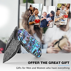 DRACHENADER Small Damascus Pocket Knife for Women and Men Abalone Knife Japanese Keychain Mini Pocket Knife Folding VG10 67 Layers Damascus Steel, birthday Gift Box Included