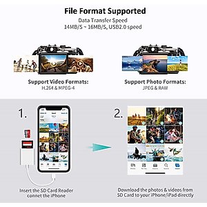 SD Card Reader for iPhone iPad, Apple MFi Certified iPhone SD/Micro SD Card Reader Adapter Cable with Dual Slots for SLR Cameras, Trail Game Camera Viewer, Memory Card Reader for iPhone, Plug and Play