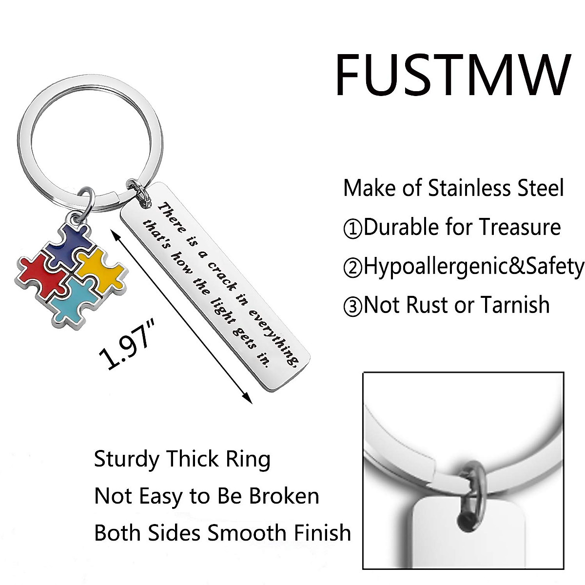 FUSTMW Autism Awareness Keychain Gift Puzzle Piece Charm Autism Mom Inspirational Gift for Autistic Teen There is a crack in everything that is how the light gets in (silver)
