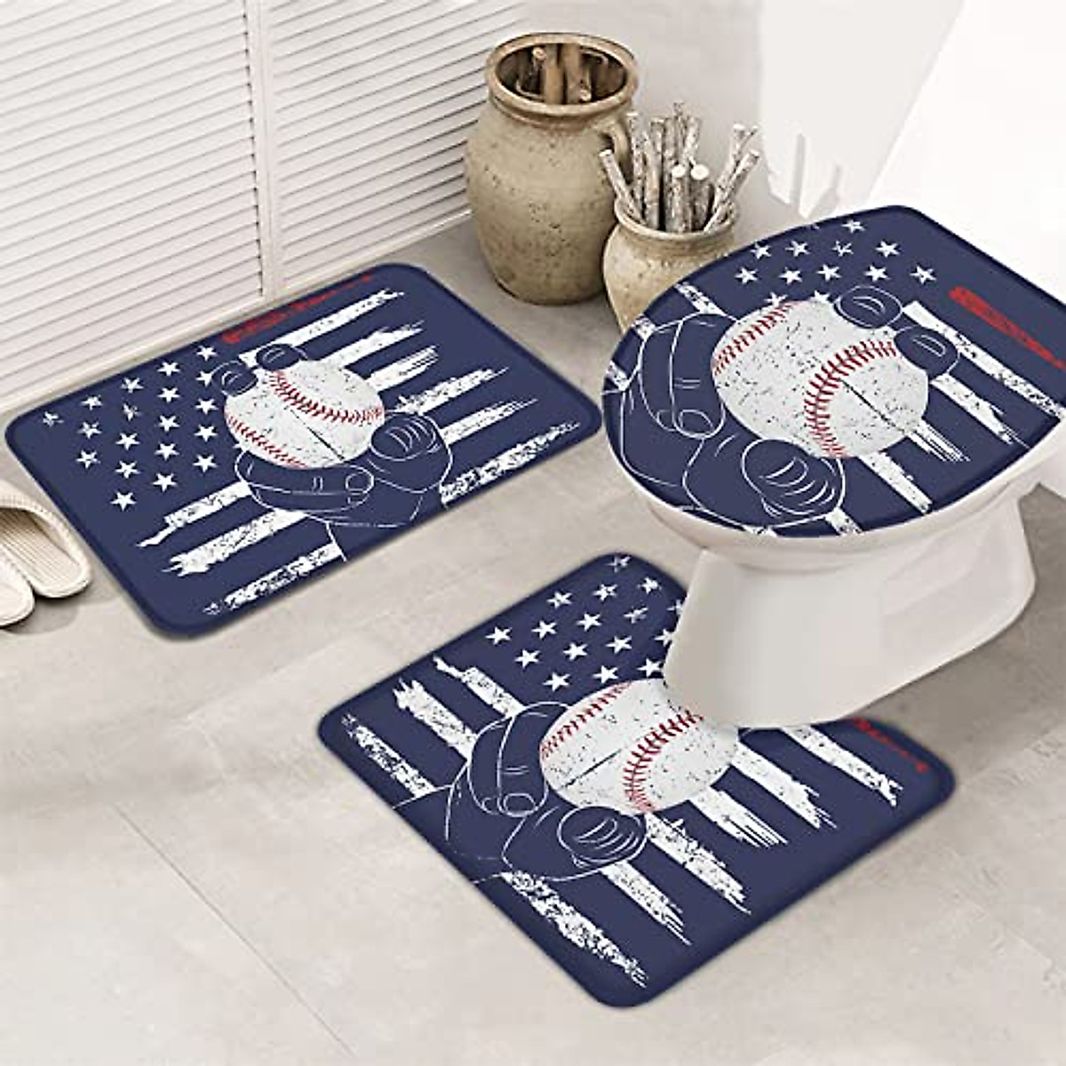 Baseball Bathroom Rugs Sets 3 Piece, Anti-Slip Absorbent Shower Rugs with U-Shaped Contour Toilet Mat, Soft & Dry Mats Carpets for Home Decor, Hand Holding Baseball on Blue Flag Background