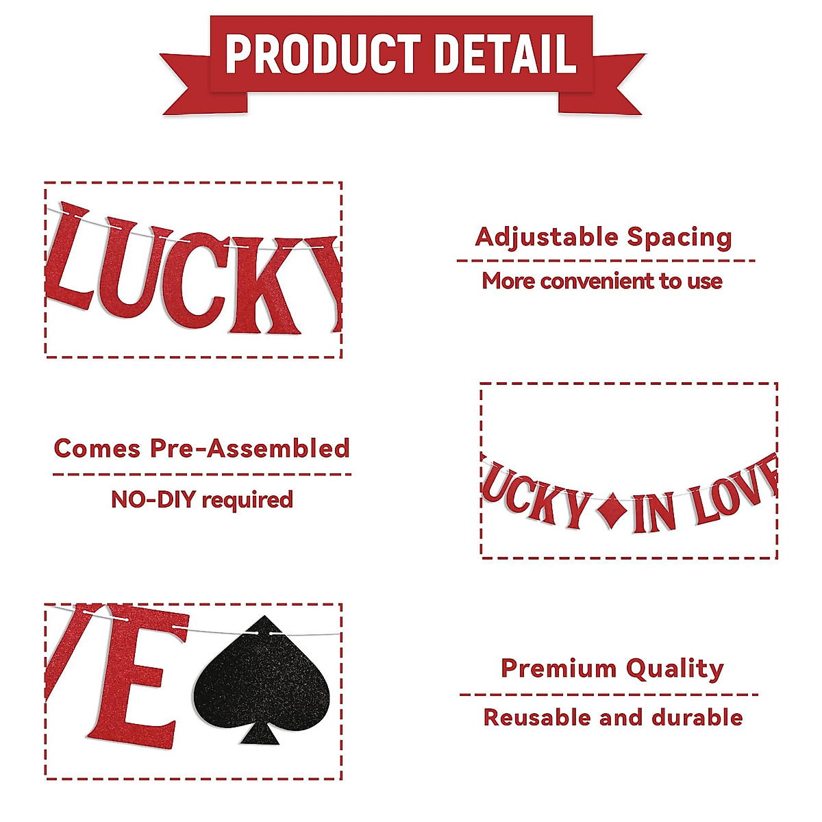 Lucky in Love Banner - Las Vegas Bridal Shower Decor, Casino Theme Blackjack Game Night Wedding Engagement Bachelorette Party Decorations Red Glitter