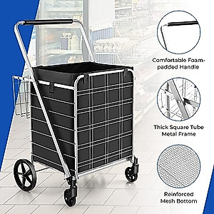 Goplus Shopping Cart for Groceries, Jumbo Upgraded Folding Grocery Cart with Waterproof Liner, 330 LBS Weight Capacity, 360° Rolling Swivel Wheels and Double Basket, Heavy Duty Foldable Utility Cart