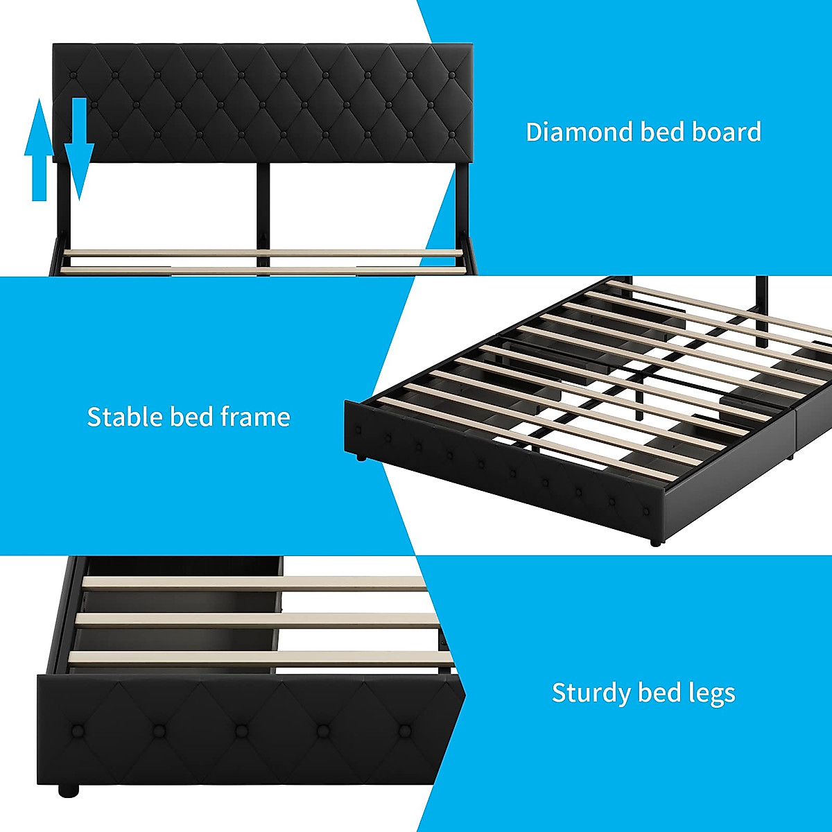 Mjkone King Bed Frame with 4 Storage Drawers, PU Leather King Size Upholstered Platform Bed Frame with Adjustable Headboard, No Box Spring Needed/Easy Assembly/No Mattress (King, Black)