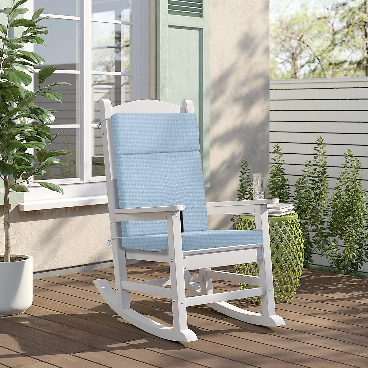 Pcinfuns Outdoor High Back Chair Cushion,Water Resistant Tufted Adirondack Rocking Chair Cushion with Ties,Replacement Seat Cushion for Patio Furniture,Light Blue