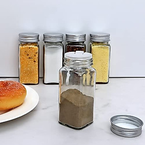 Datttcc 52 Pack Glass Spice Jars,Reusable Clear 4 OZ Square Seasoning Containers with Silver Metal Caps and Pour/Sift Shaker Lids Spice Jars with Labels and Funnel Sets for Cabinet,Kitchen Pantry