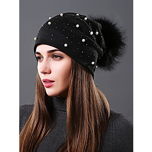 AICHUAN Womens Slouchy Beanie Hat with Real Raccoon Fur Ball Pompom Cotton Pearls Winter Fall Hat