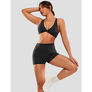 VANTONIA Womens Butterluxe Twist Front Sports Bra Deep V-Neck Crop Top Strappy Cross Back Bra with Nipple Covers-Vivi Bra Black Medium