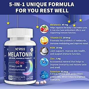 Melatonin 40 mg for Adults - Fast Dissolve & Chewable Sublingual Sleep Supplement - Extra Strength Melatonin with Vitamin D3 & MSM, Selenium for Health Rest Cycle, Deep Zzzs, Sugar-Free, 180 Servings