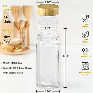 AOZITA 14 Pcs Spice Jars with Bamboo Lids - 4oz Square Spice Bottles with Spice Labels, Shaker Lids, Funnel