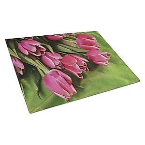 Caroline's Treasures APH5048LCB Pink Tulips Glass Cutting Board Large Decorative Tempered Glass Kitchen Cutting and Serving Board Large Size Chopping Board