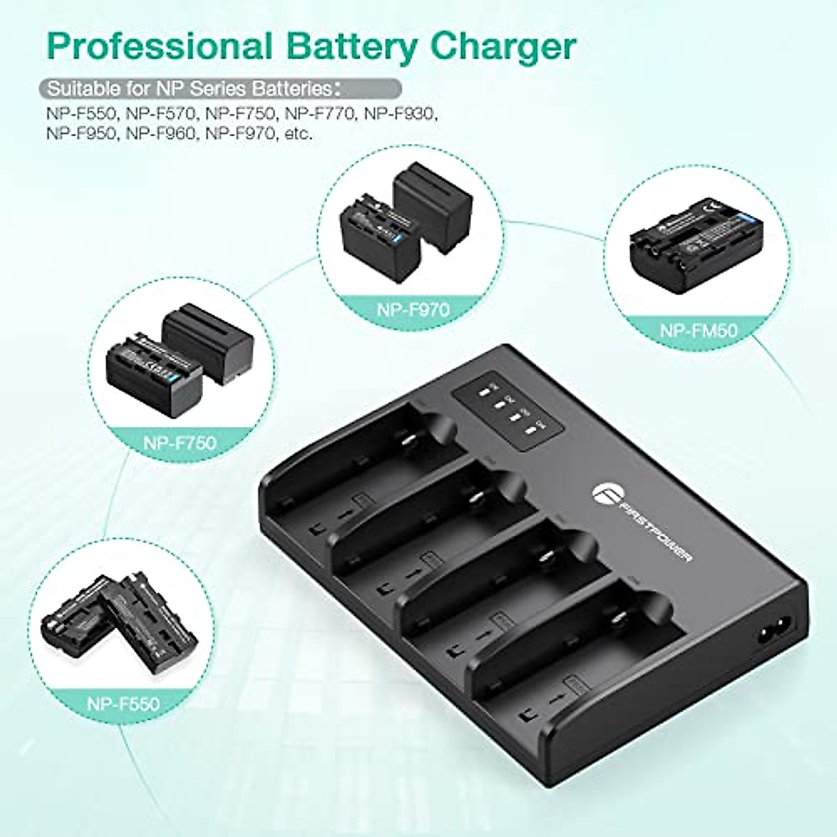 FirstPower 4-Channel Fast Charger for Sony NP-F550 NP-F570 NP-F750 NP-F770 NP-F930 NP-F950 NP-F960 NP-F970 Camera Battery