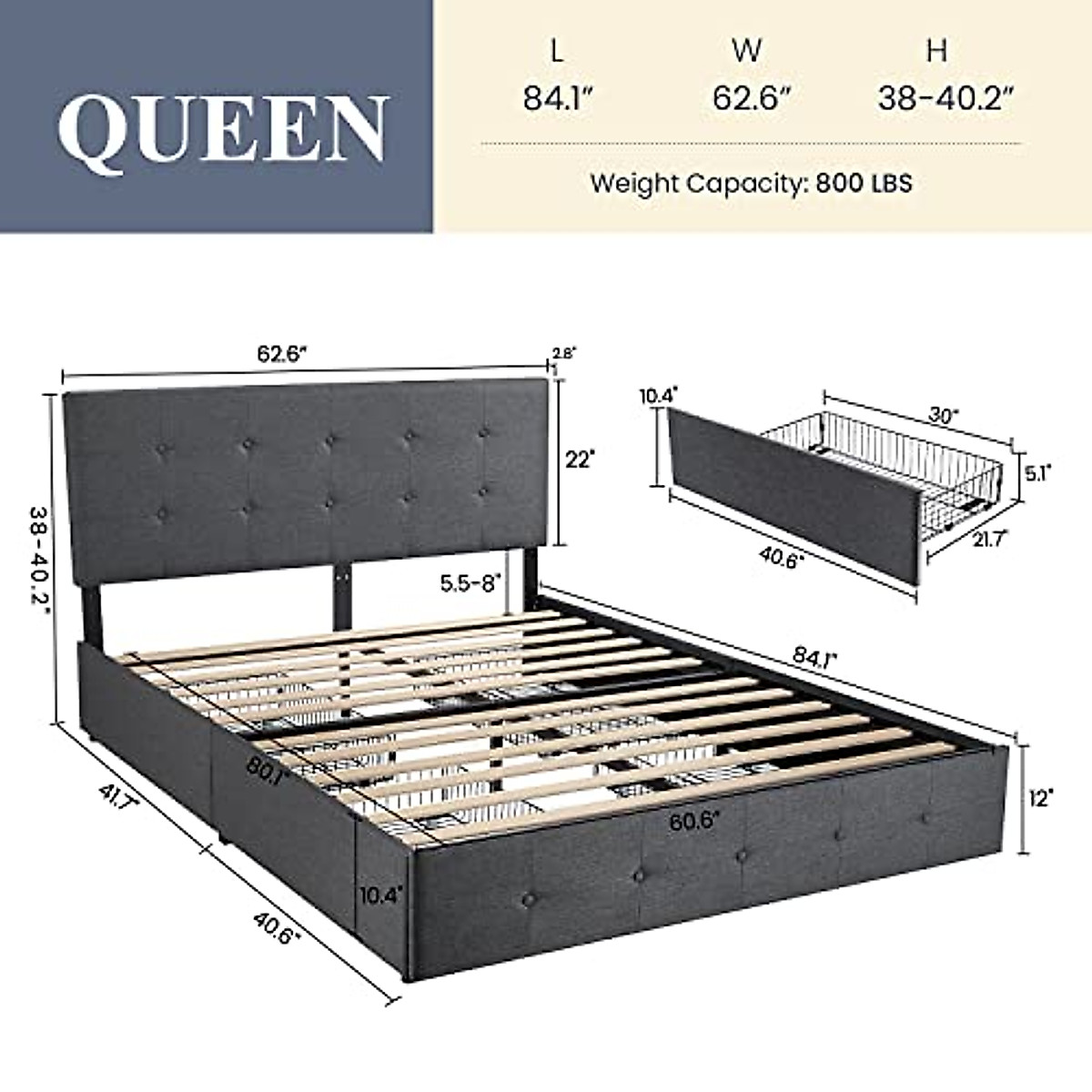 Allewie Upholstered Queen Size Platform Bed Frame with 4 Storage Drawers and Headboard, Square Stitched Button Tufted Mattress Foundation with Wooden Slats Support, No Box Spring Needed, Grey