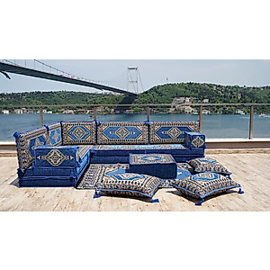 8'' Thickness L Shaped Royal Blue Sectional Sofas, Arabic Floor Sofa Set, Garden Pallet Sofa, Poufs Turkish Floor Sofa, Outdoor Sofa, Sofa Covers (L Sofa + Rug + Poufs)