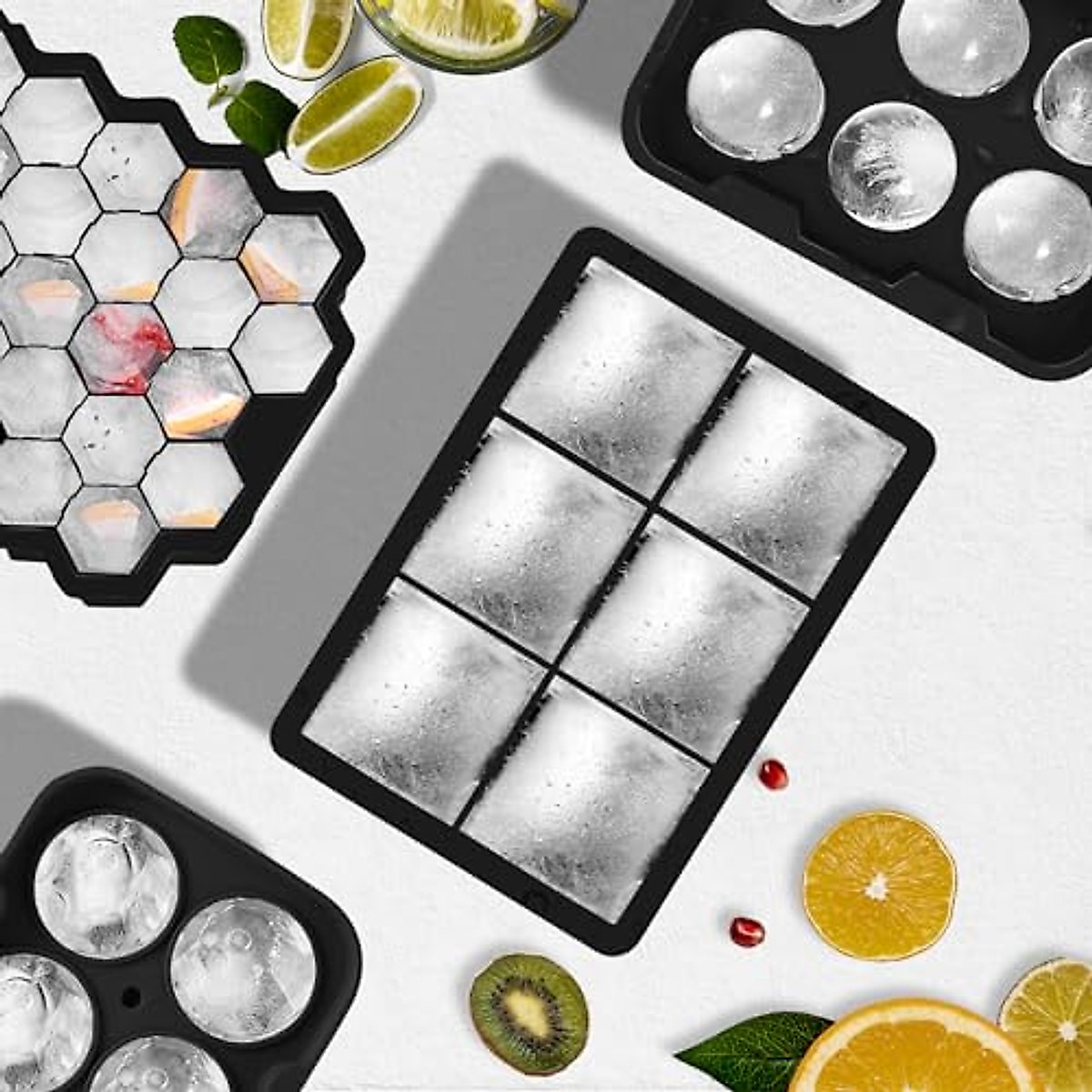 Ice Cube Tray, Silicone Large Ice Cube Molds for Freezer with Lid (4 Pcs), 6 Ball Ice Tray, 4 Diamond & 6-Ice Trays, Reusable Ice Mold for Whiskey ，Drinks，Juices and Cocktails. (Black)