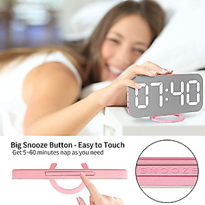 Miowachi Pink Digital Alarm Clock,Large Mirrored LED Clock,Snooze,2 USB Charger Ports Desk Alarm Clocks for Girls School (Pink)