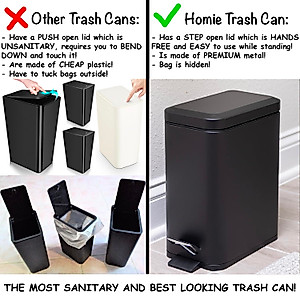 Homie Soft Close, Slim Trash Can 3.6 Gallon with Anti - Bag Slip Liner and Lid, Use as Mini Garbage Basket, Slim Dust Bin, or Decor in Bathroom, Restroom, Kitchen, or Bedroom (Matte Black)