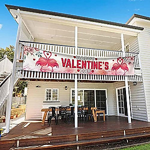 Large Happy Valentines Day Banner Outdoor Decorations 120" x 20" Valentine's Yard Sign Red Hearts Flowers Flamingos Holiday Party Supplies Valentine Backdrop Home Decor with Brass Grommets for Garden House Fence Garage Indoor Gifts Anniversary Wedding Law