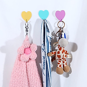 Vctitil 7/12 Pack Utility Hooks Heart Shaped Decorative Wall Hooks Strong Sticky Self Adhesive Hooks Stainless Steel Wall Hook (7 Color) (12 Pcs)