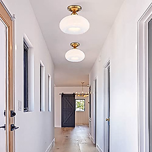 Pia Ricco Mid Century Semi Flush Mount Ceiling Light Gold, Globe Opal Glass Shade Ceiling Light Fixture, Modern Hallway Light Fixtures for Entryway Kitchen Bathroom Laundry Bedroom