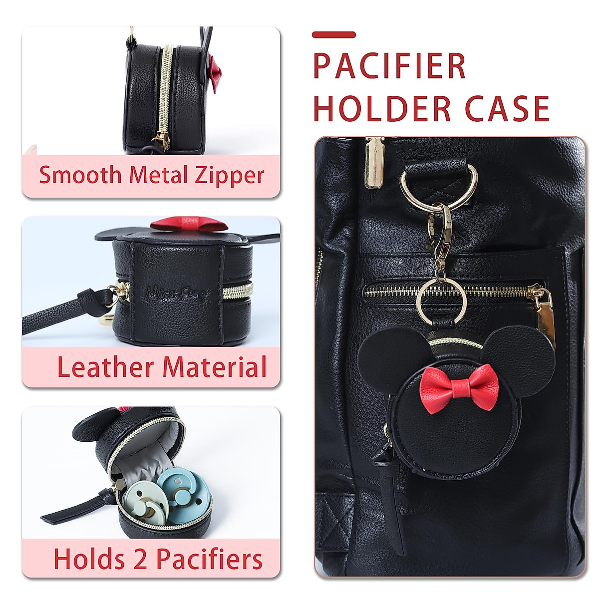 miss fong Pacifier Holder Case with Clip, Pacifier Pouch Cover, Pacifier Charm Pod with Clasp Attach to The Strollers & Diaper Bags, Hold 2 Pacifier or Nipple Shield(Bow Black)