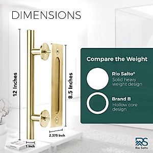 Rio Salto 12-Inch Brushed Brass Gold Barn Door Handle Kit, Closet Door Handle, Solid Aluminum Pull Handle and Flush Handle Set Heavy Duty Large Sliding Door Handles Hardware Included (1-Door Pack)