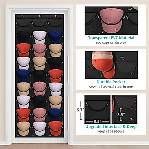 Tiblue Hat Rack for Baseball Caps, 27 Pockets Organizer, Hanging Over the Door Storage Closet Wall with Large Clear & 3 Hooks Holder Hanger for Sport