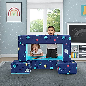 Delta Children Convertible Sofa & Play Set for Kids and Toddlers – Modular Foam Couch and Flip Out Lounger with 2 Ottomans, Space
