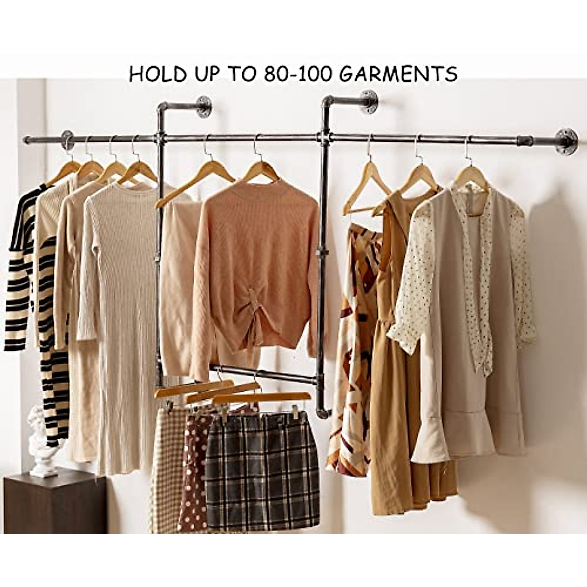 ZYUXUAN Industrial Wall Clothes Rack, Heavy-Duty Clothing Rack, Pipe Style Garment Rack with Four Hanging Rods for Bedroom, Laundry Room, Retail Store, Rustic Black (four hanging rods)