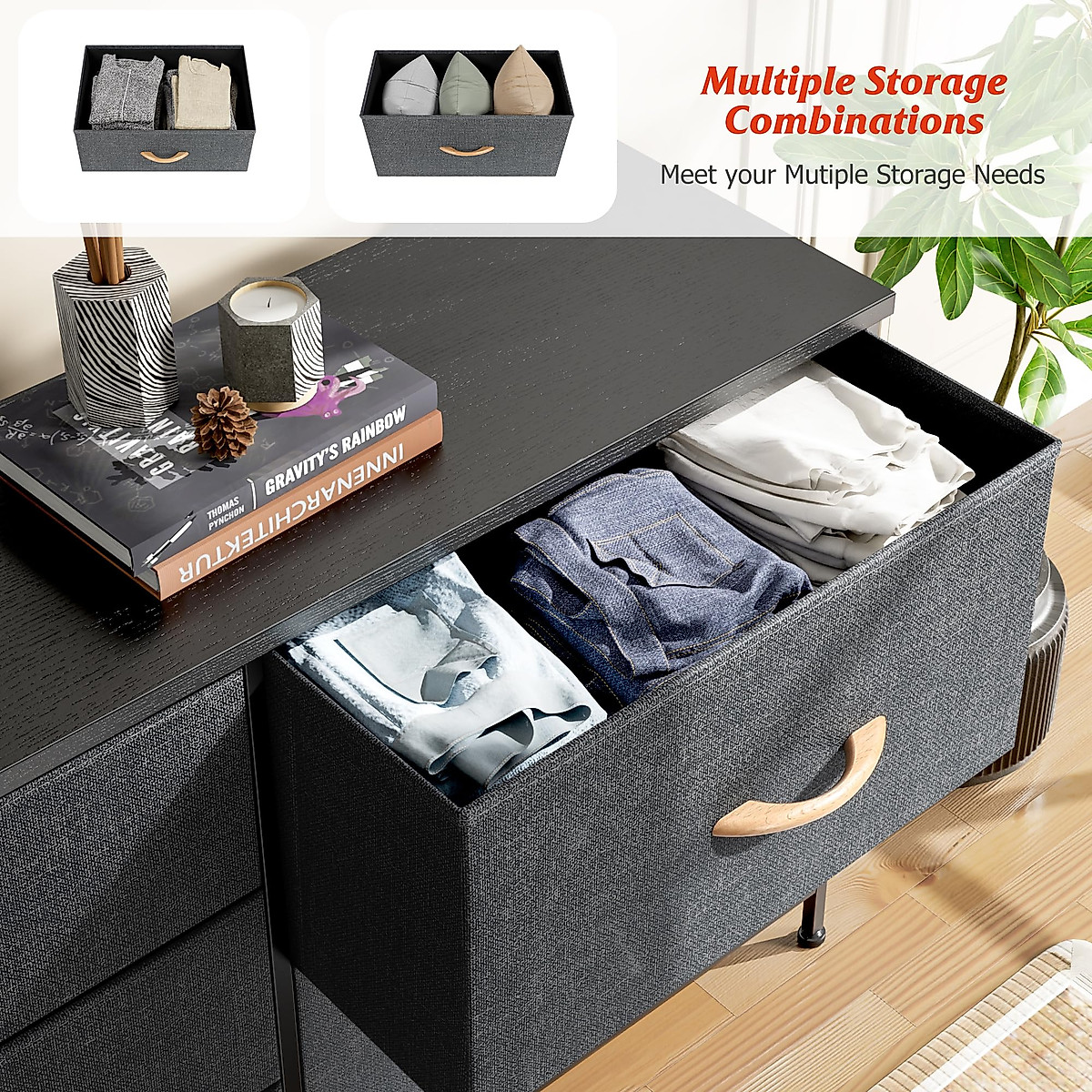 Nicehill Dresser for Bedroom with 5 Drawers, Storage Drawer Organizer, Wide Chest of Drawers for Closet, Clothes, Kids, Baby, TV Stand with Storage Drawers, Wood Board, Fabric Drawers(Black Grey)