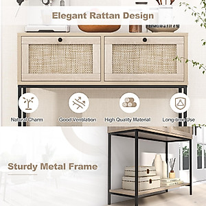 Giantex Console Table with Rattan Drawers - 31.5" Entryway Table w/ 2 Drawers & Open Storage Shelf, Metal Frame, Boho Style Long Sofa Side Table, Narrow Entry Table for Living Room Foyer Hallway