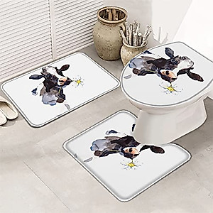 3 Piece Bath Rugs Sets,Watercolor Farm Cow with Daisy Toilet Sets Non Slip Bath Mat, Water Absorbent U-Shaped Contour Toilet Mat, Toilet Lid Cover,White Black