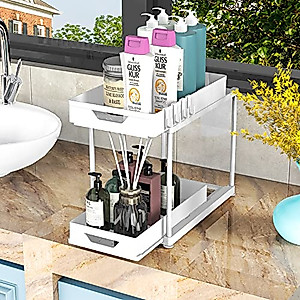 Under Sink Organizers and Storage 2 Pack, Pull-out Large Capacity Under Bathroom and Kitchen Cabinet Storage Drawer Organizer with Hooks, Multi-purpose Under Sink Shelf Organizer, White