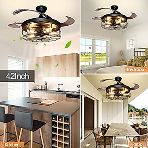 DLLT Ceiling Fan with Lights-42 Industrial Ceiling Fan with Retractable Blades, Vintage Cage Ceiling Light Fixture with Remote for Dining Room, Living Room, 5 E26 Bulbs Not Included, Black
