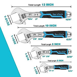 DURATECH 4-Piece Adjustable Wrench Set, 6-inch, 8-inch, 10-inch, 12-inch, 3-in-1 Spanner with Box End/Hex Function, CR-V Steel, Chrome-plated, Bi-material soft Grip, with Rolling Bag