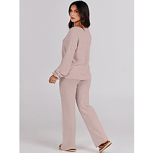 ANRABESS Women 2 Piece Outfits Sweater Lounge Sets Long Sleeve Cable Knit Pullover and Wide Leg Pants Tracksuit Matching Set Large